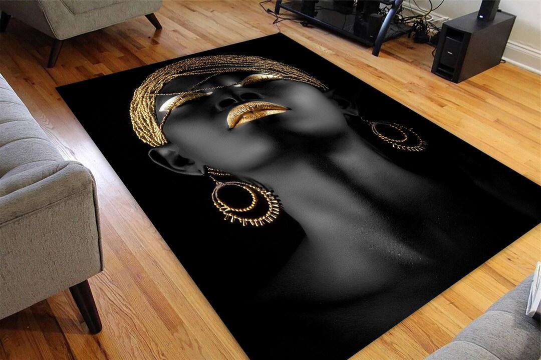 Gold Black Woman Rug, Black Pattern Woman Rug, Cool Office Decor, Black ...