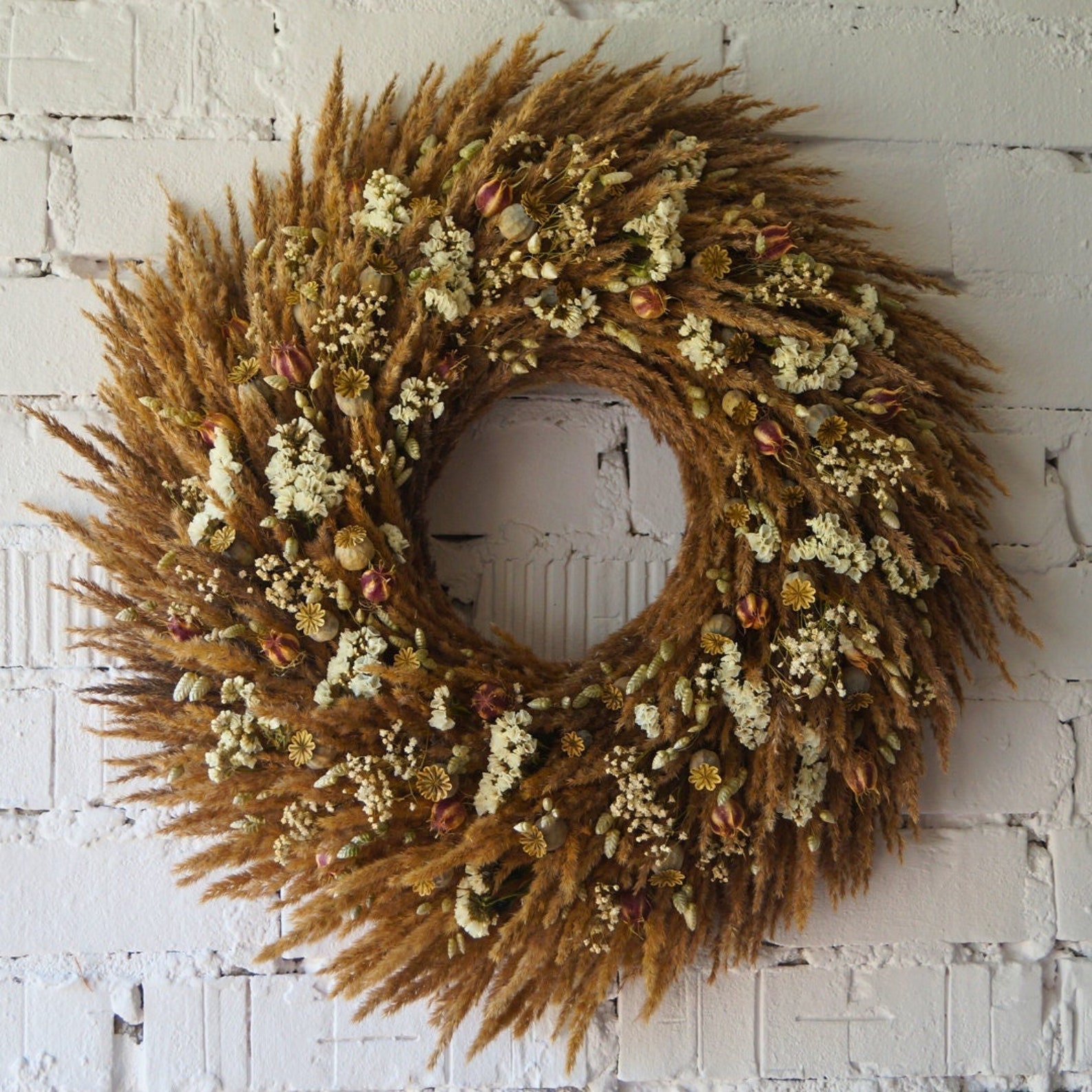Bohemian Style Handmade Dried Flowers and Hay Wreath Decoration Front ...