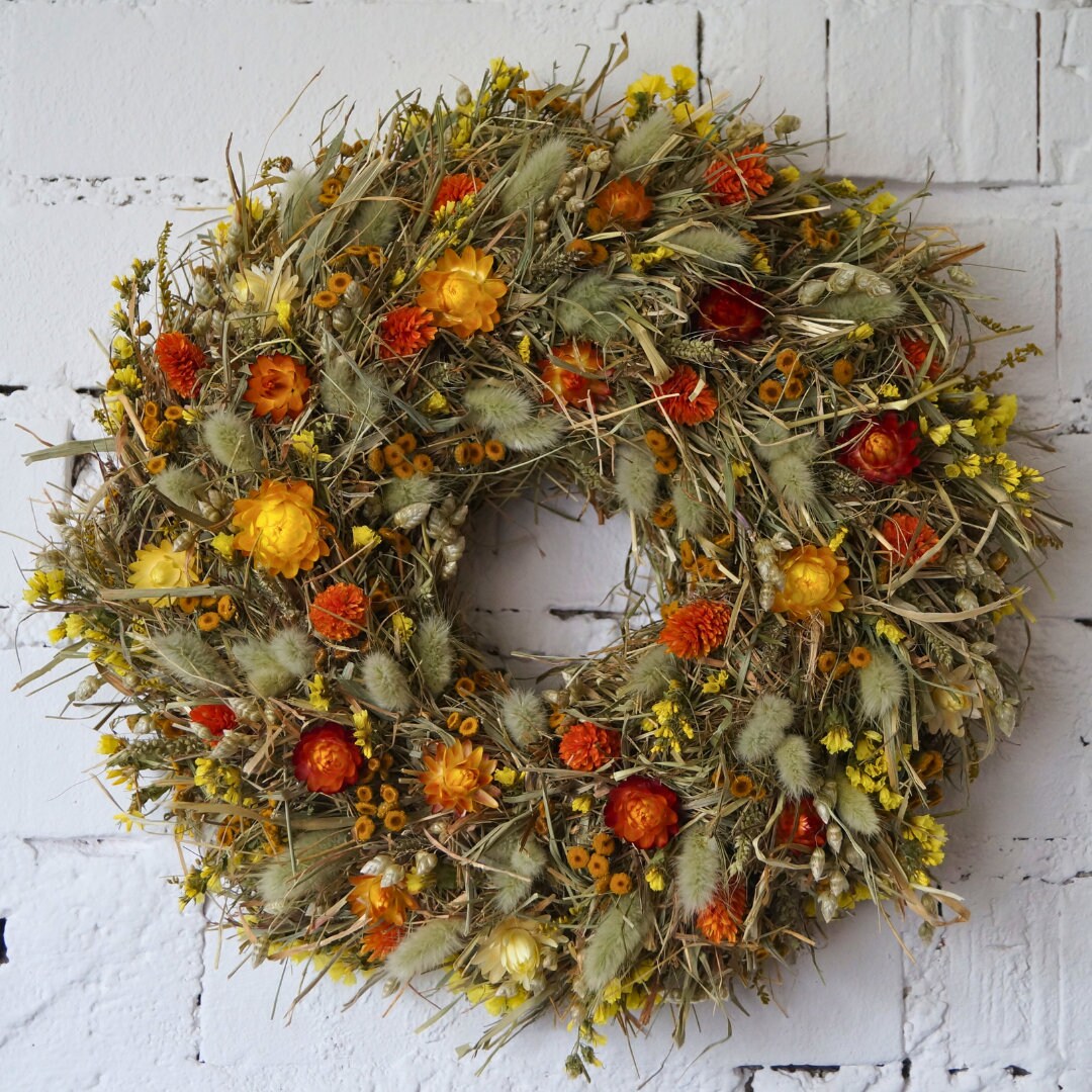 Cute Handmade Dried Flowers and Hay Wreath Decoration Front Door / Wall ...