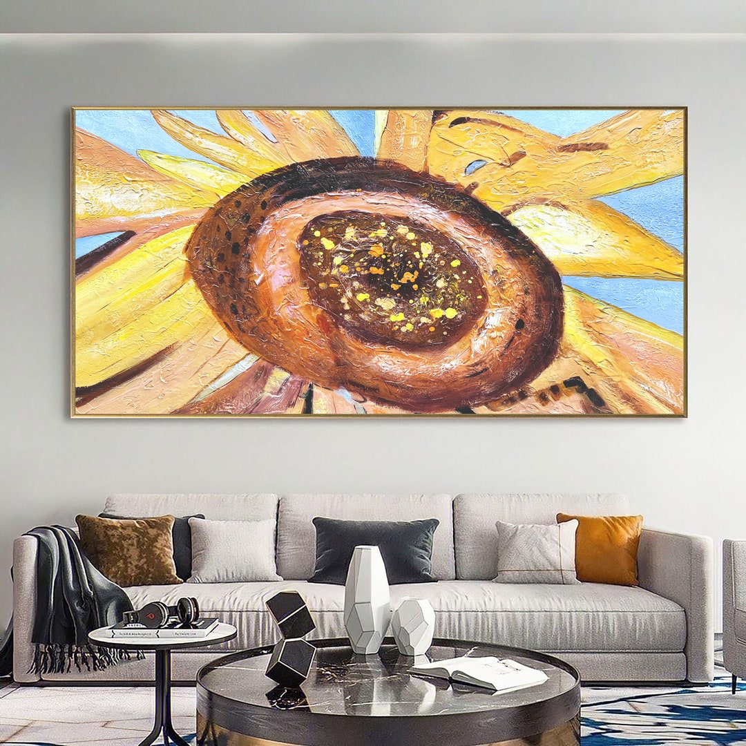 Large Heavy Sunflower Oil Painting on Canvas, Blooming Yellow Flowers ...