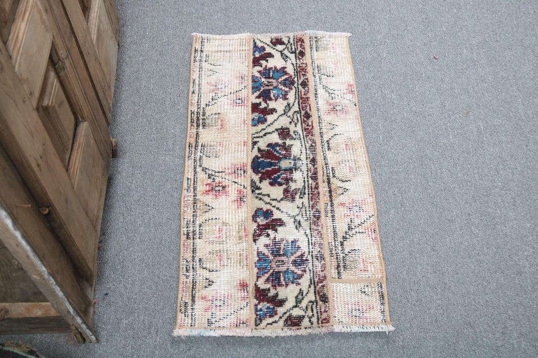 Vintage Turkish Door Mat, Floral Pattern, 1x3ft, Beige and Burgundy ...