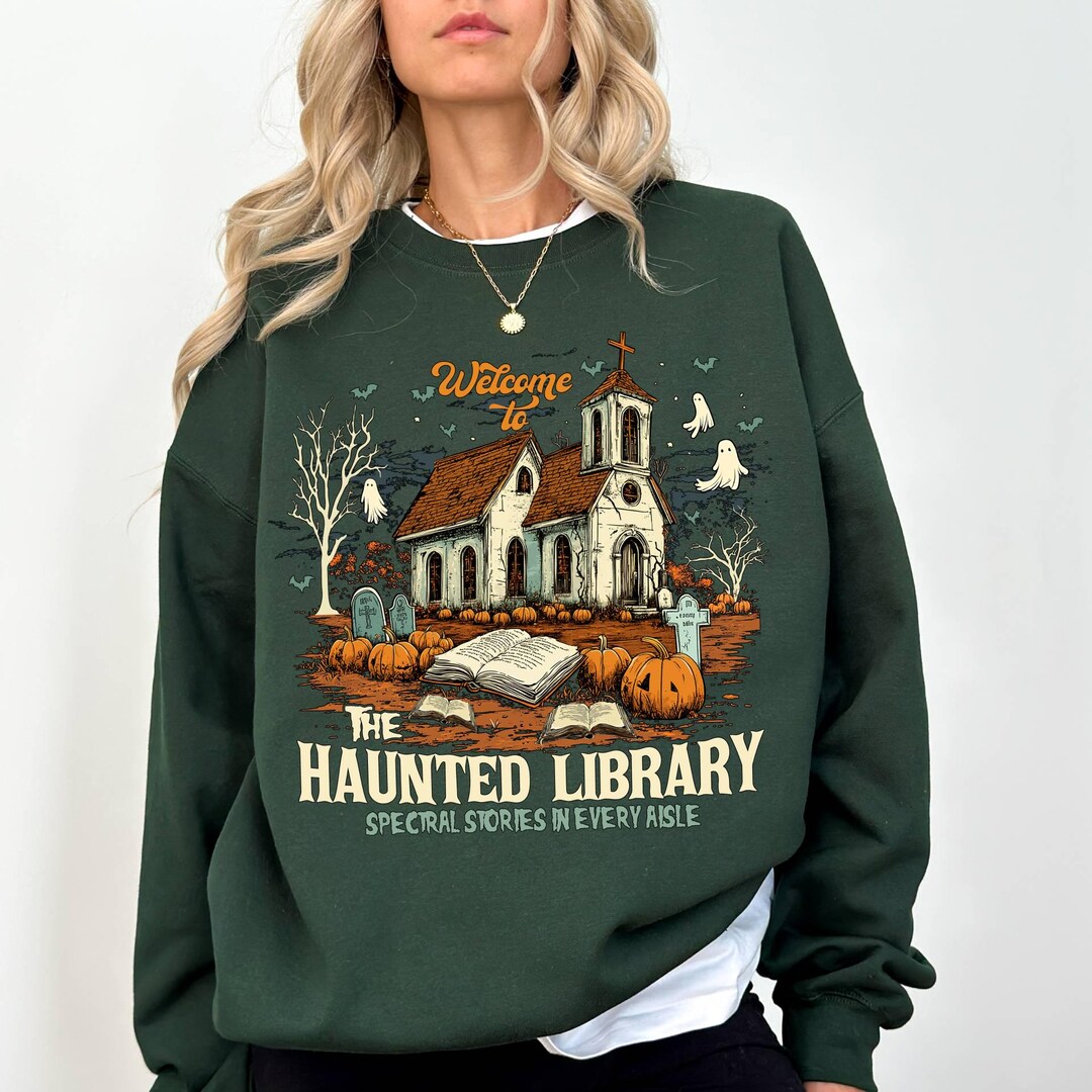 Halloween Haunted Library Sweatshirt, Vintage Book Lover Sweatshirt ...