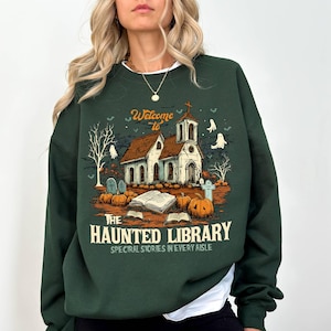 Halloween Haunted Library Sweatshirt, Vintage Book Lover Sweatshirt ...