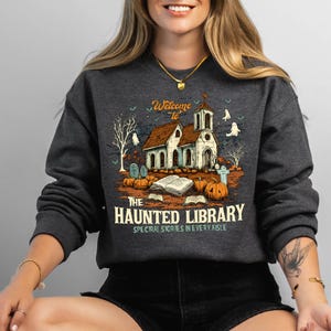 Halloween Haunted Library Sweatshirt, Vintage Book Lover Sweatshirt ...