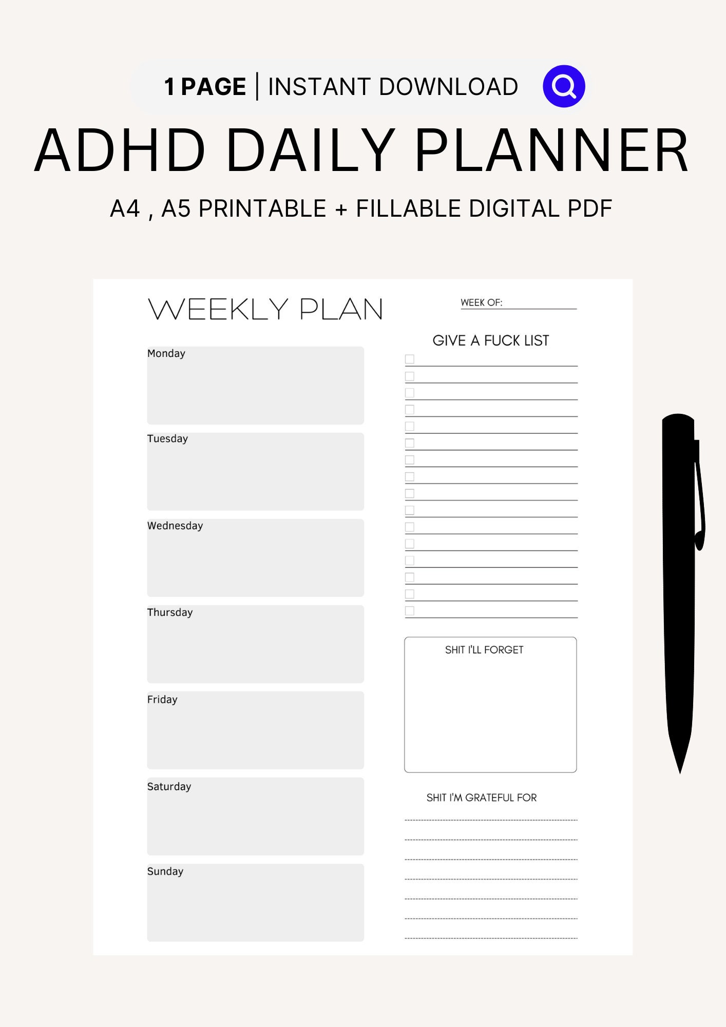 ADHD Daily Planner, Instant Download, Daily Planner, Printable Planner ...