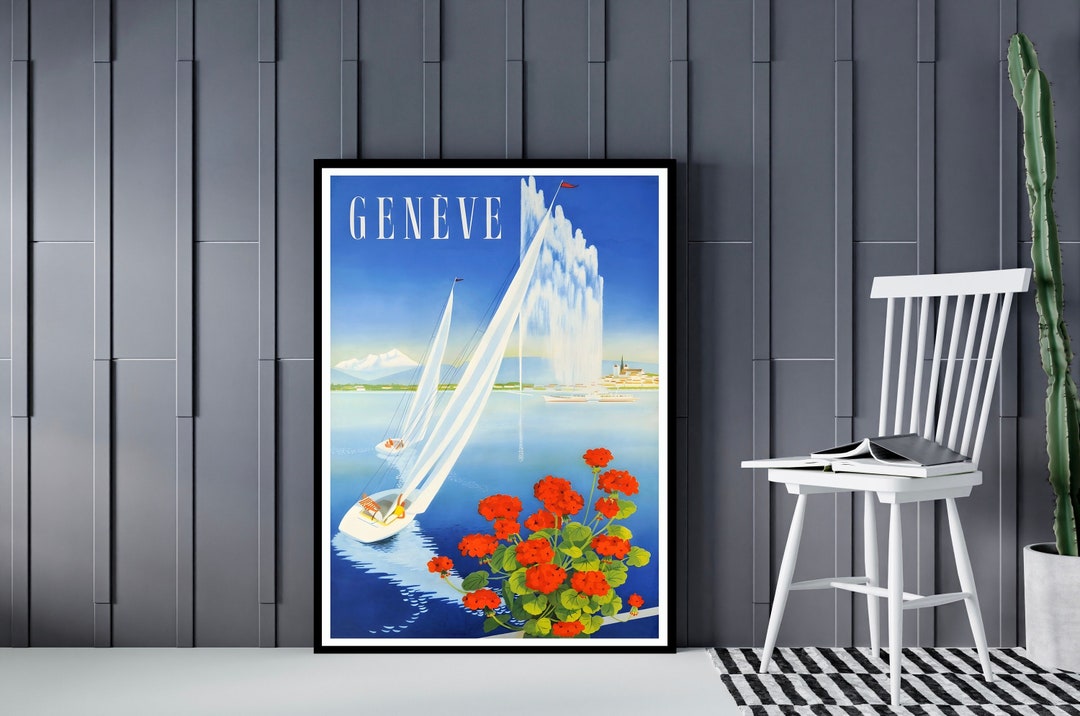 Switzerland Vintage Travel Poster, Sailing on the Lake of Geneva Around ...