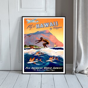 Hawai Travel Poster, Fly to Hawaii by Clipper, Pan American World Airways, Hawaiian Surfer ...