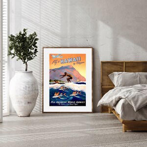 Hawai Travel Poster, Fly to Hawaii by Clipper, Pan American World Airways, Hawaiian Surfer ...