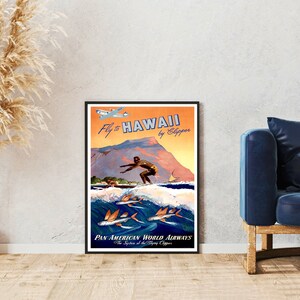 Hawai Travel Poster, Fly to Hawaii by Clipper, Pan American World Airways, Hawaiian Surfer ...