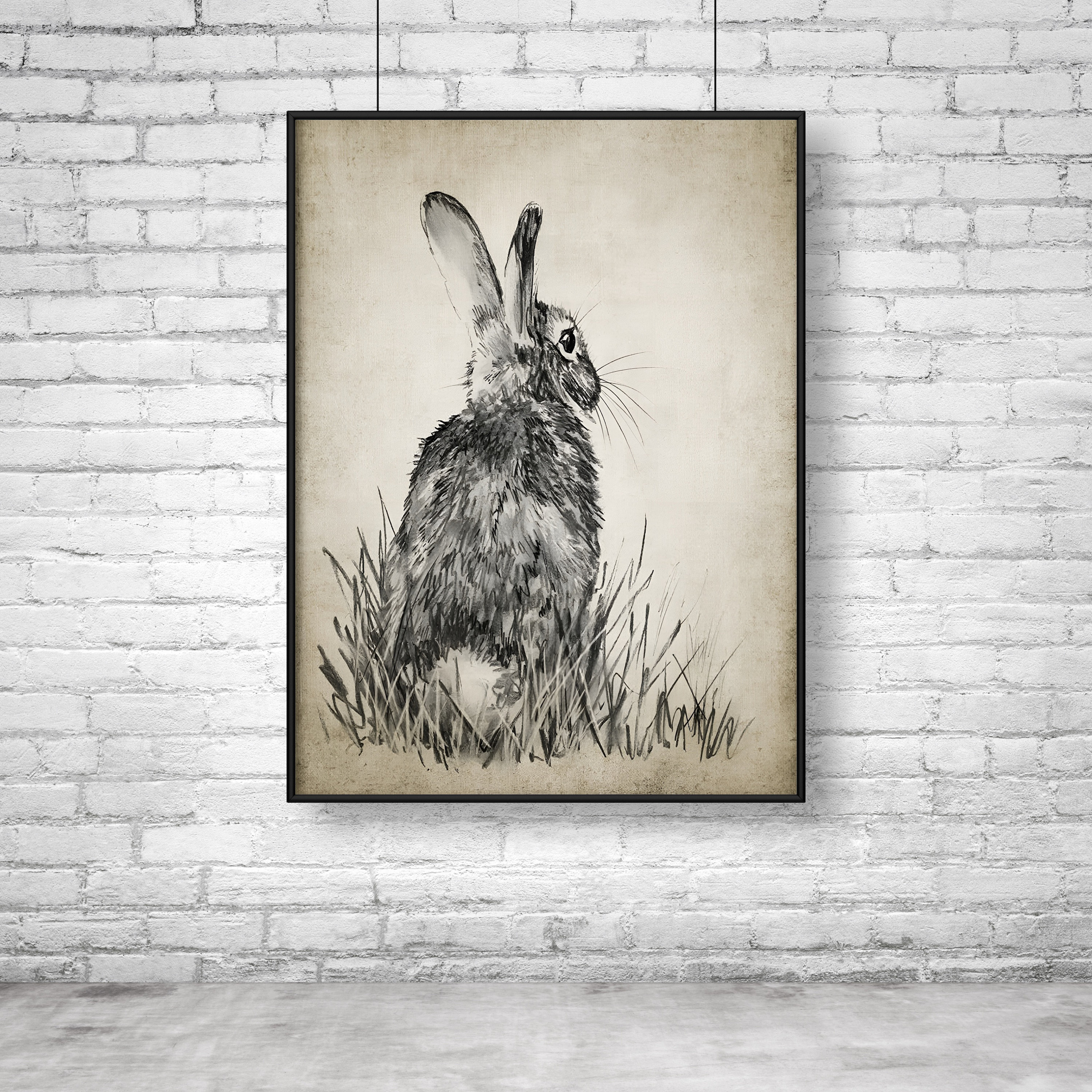 Rabbit Poster, Bunny Drawing, Rabbit Wall Art, Rabbit in the Grass ...