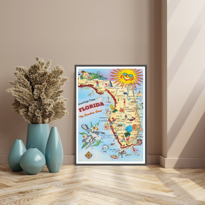 Florida Poster Map Florida Pictorial Map Poster Cartoon Map Old Map ...