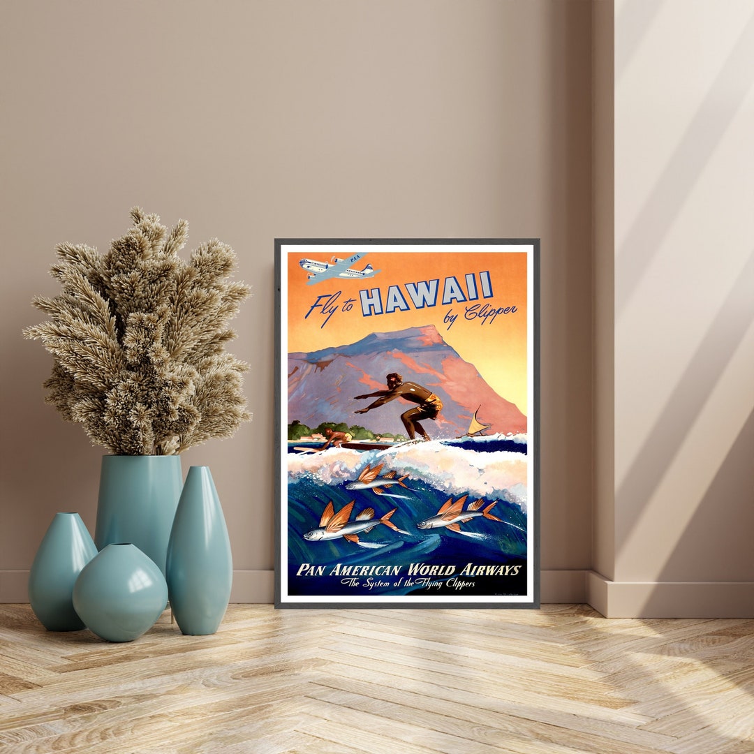 Hawai Travel Poster, Fly to Hawaii by Clipper, Pan American World Airways, Hawaiian Surfer ...