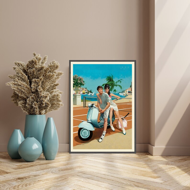 Vespa Scooter Vintage Poster, Vespa Retro Print, Blue Vespa Vintage ...