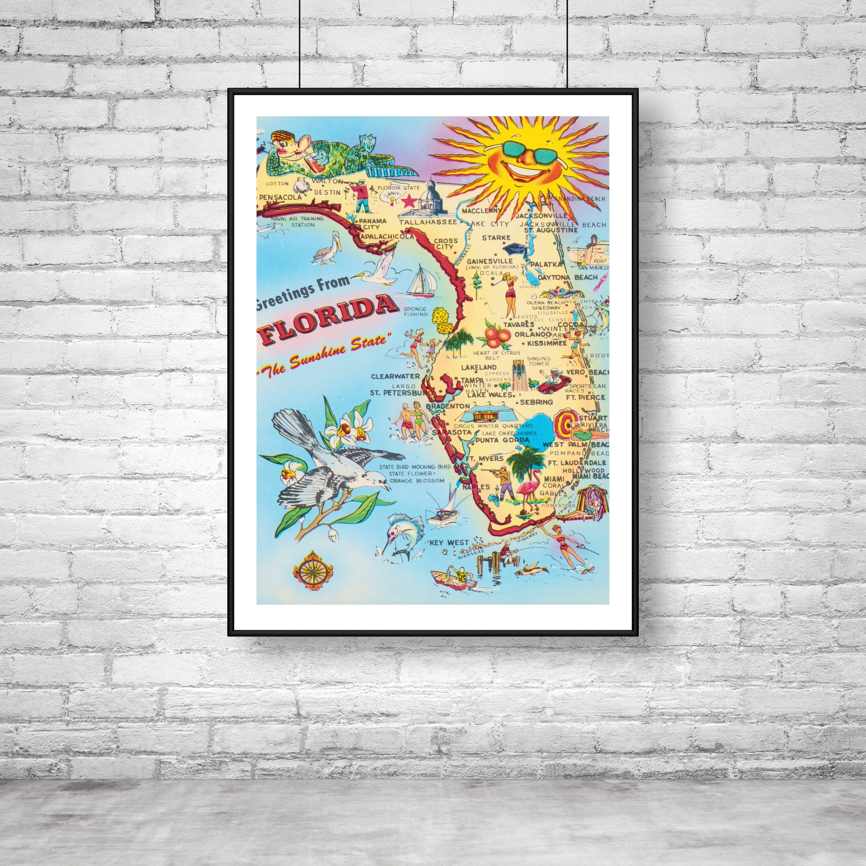 Florida Poster Map Florida Pictorial Map Poster Cartoon Map Old Map ...