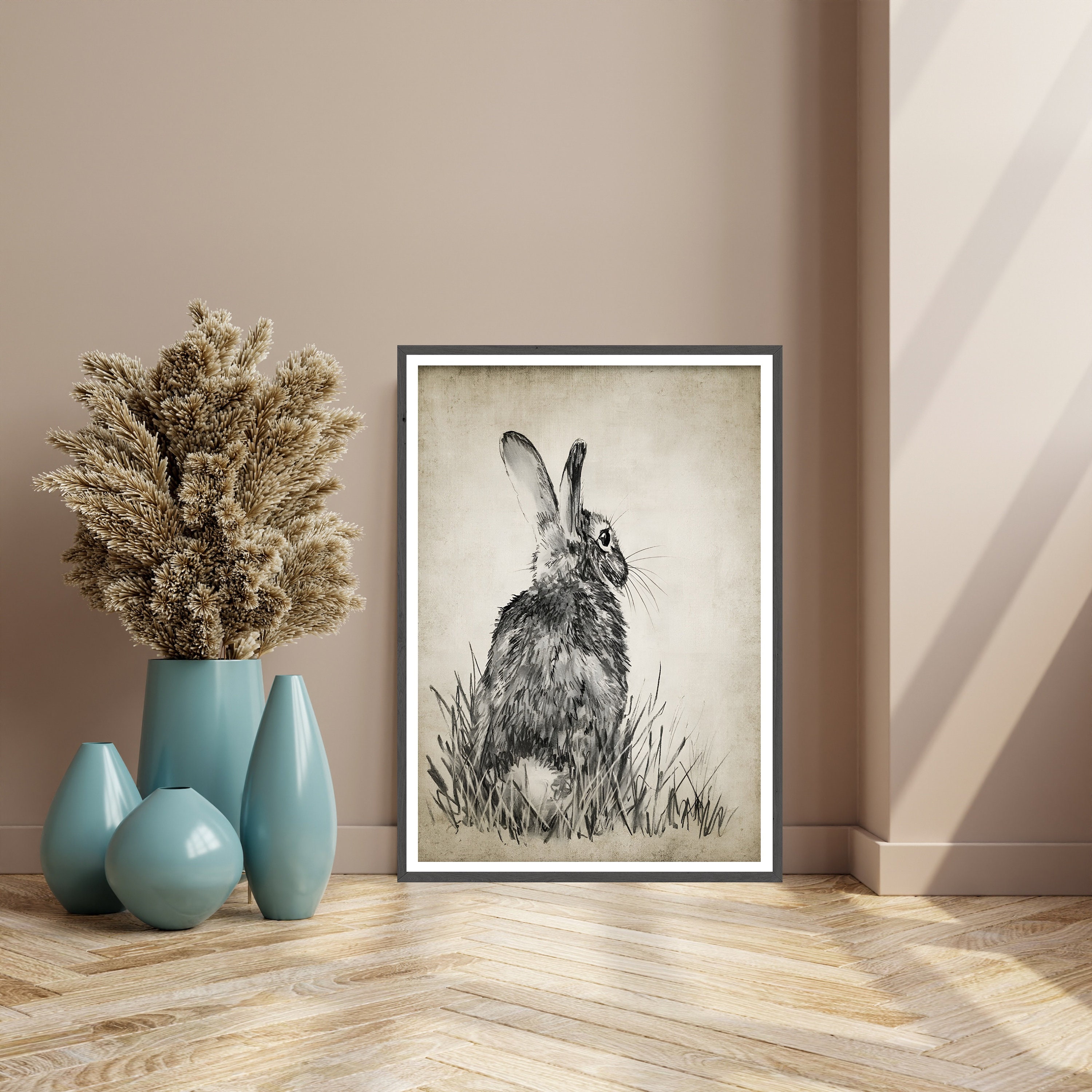 Rabbit Poster, Bunny Drawing, Rabbit Wall Art, Rabbit in the Grass ...