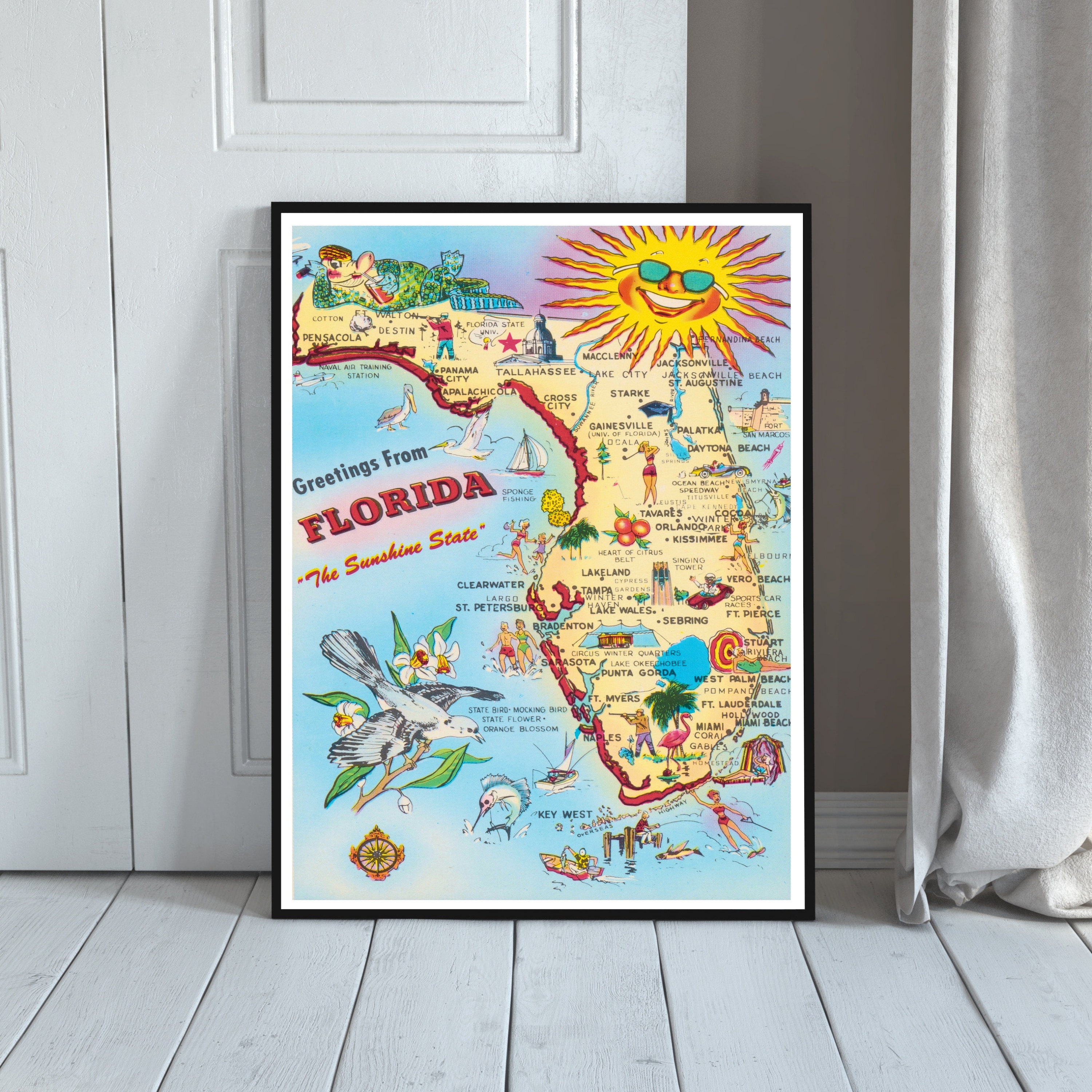 Florida Poster Map Florida Pictorial Map Poster Cartoon Map Old Map ...