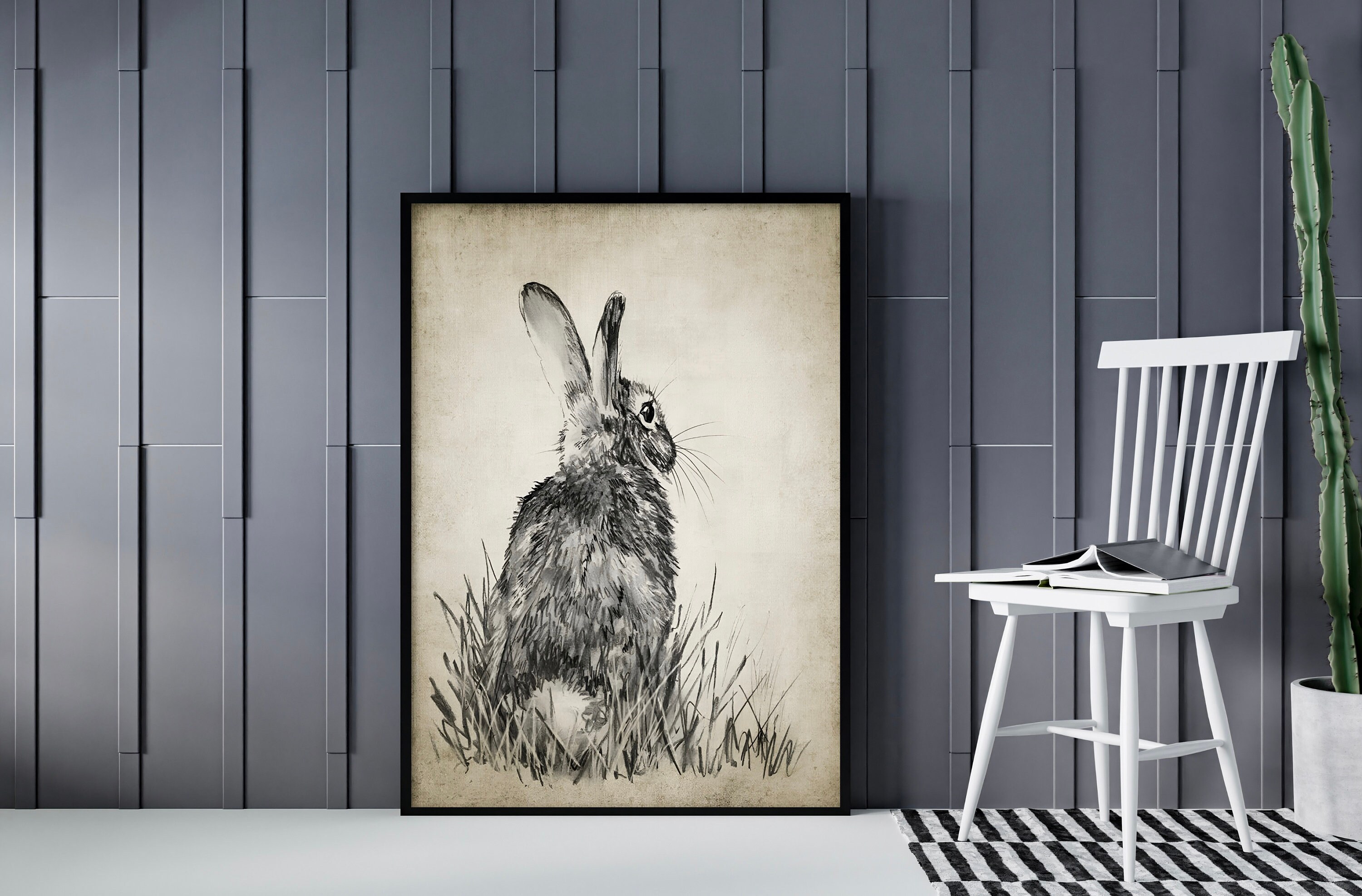 Rabbit Poster, Bunny Drawing, Rabbit Wall Art, Rabbit in the Grass ...