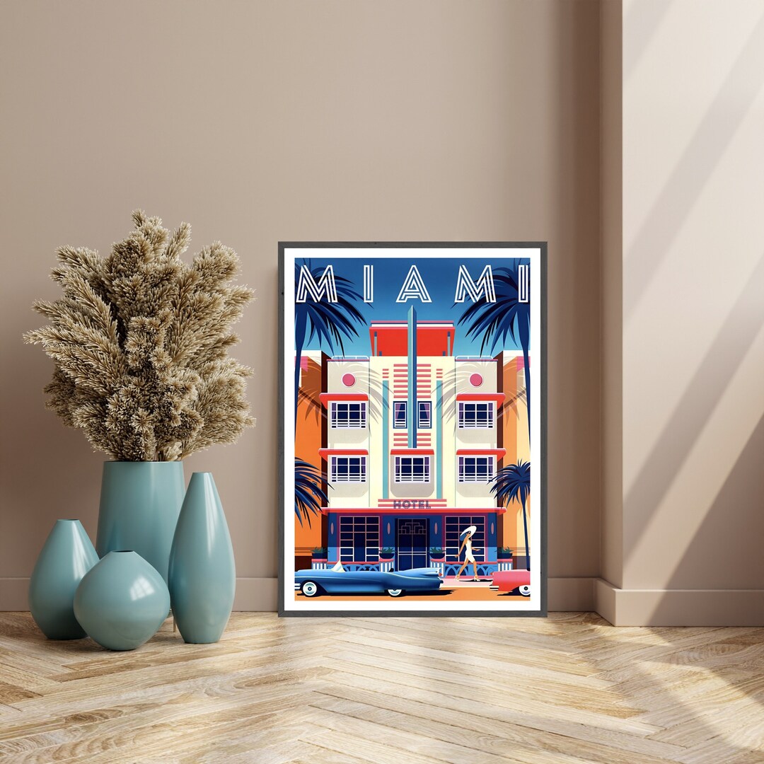 Miami Art Deco Poster Florida Wall Art Miami Poster, Miami Print, Hotel ...