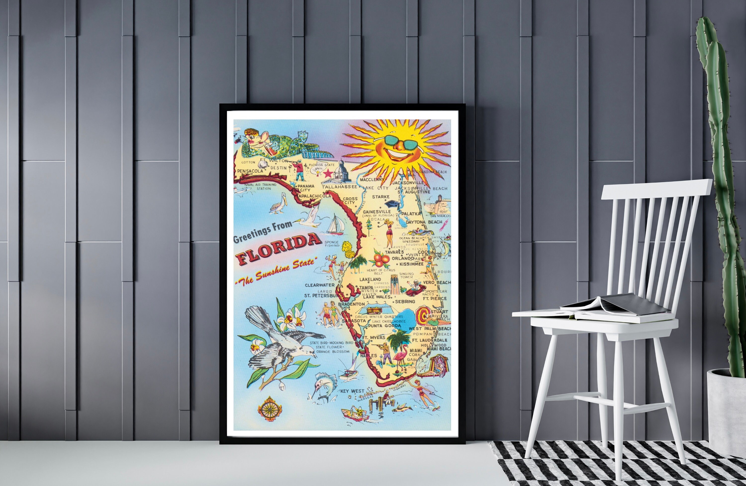 Florida Poster Map Florida Pictorial Map Poster Cartoon Map Old Map ...