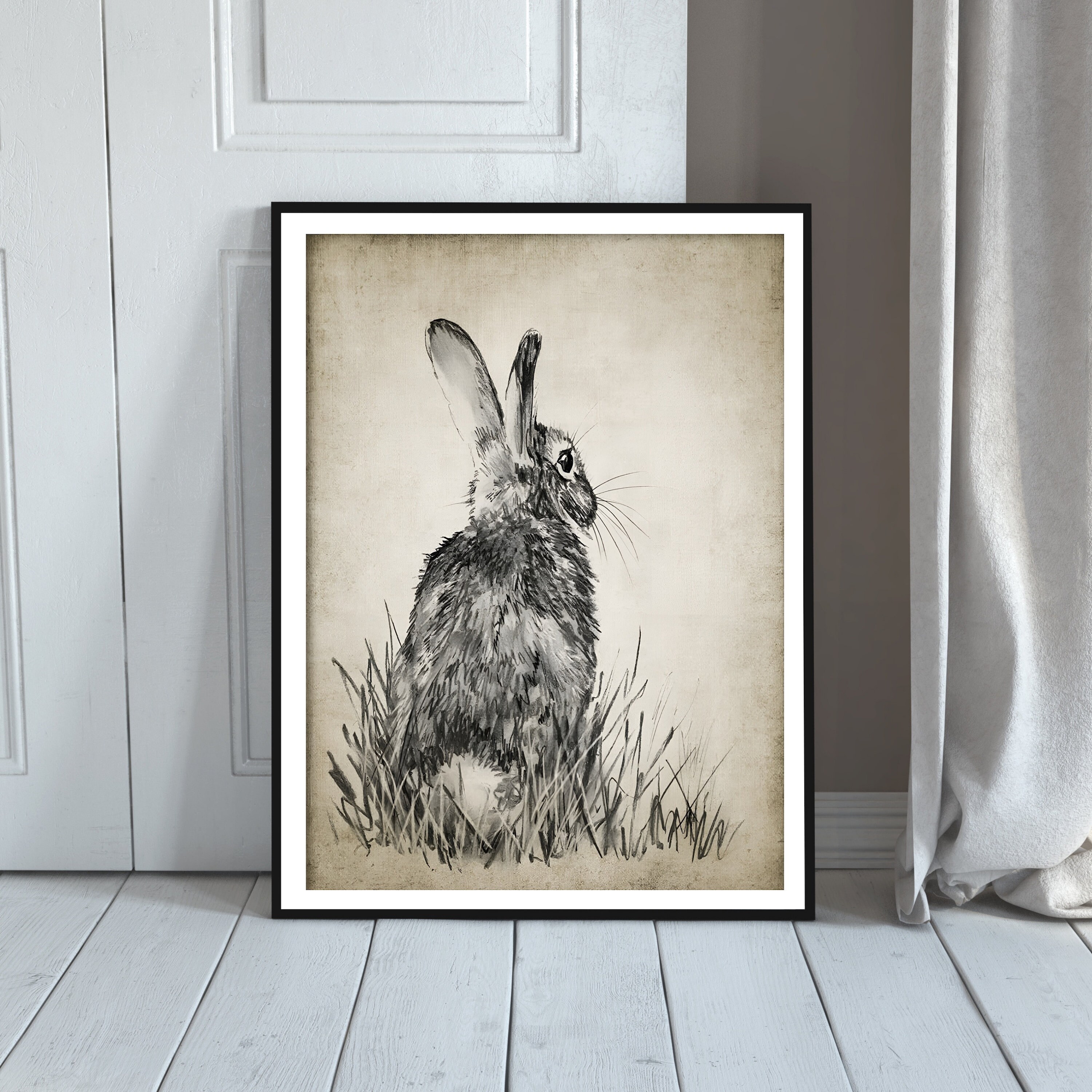 Rabbit Poster, Bunny Drawing, Rabbit Wall Art, Rabbit in the Grass ...