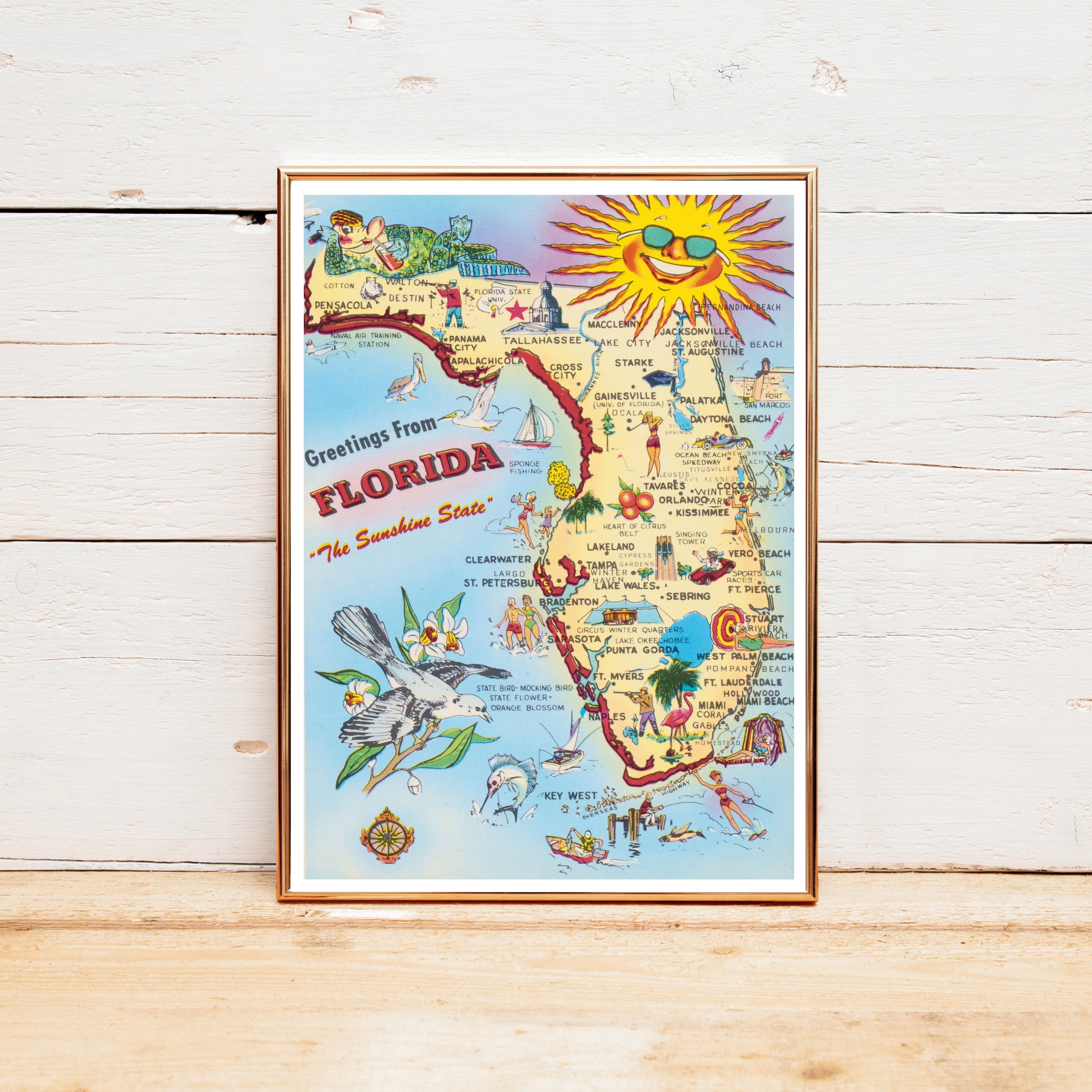 Florida Poster Map Florida Pictorial Map Poster Cartoon Map Old Map ...