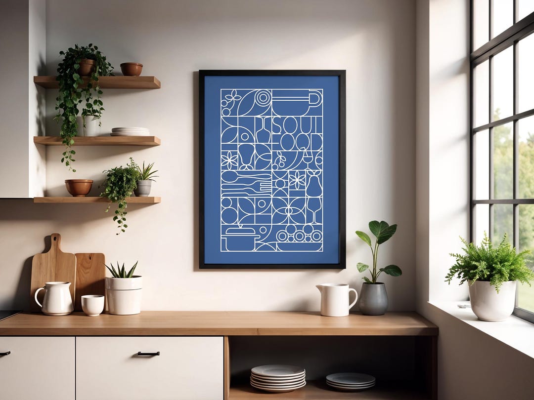 Printable Soul Food Kitchen Wall Art, Modern Graphic Line Art, Blue and ...