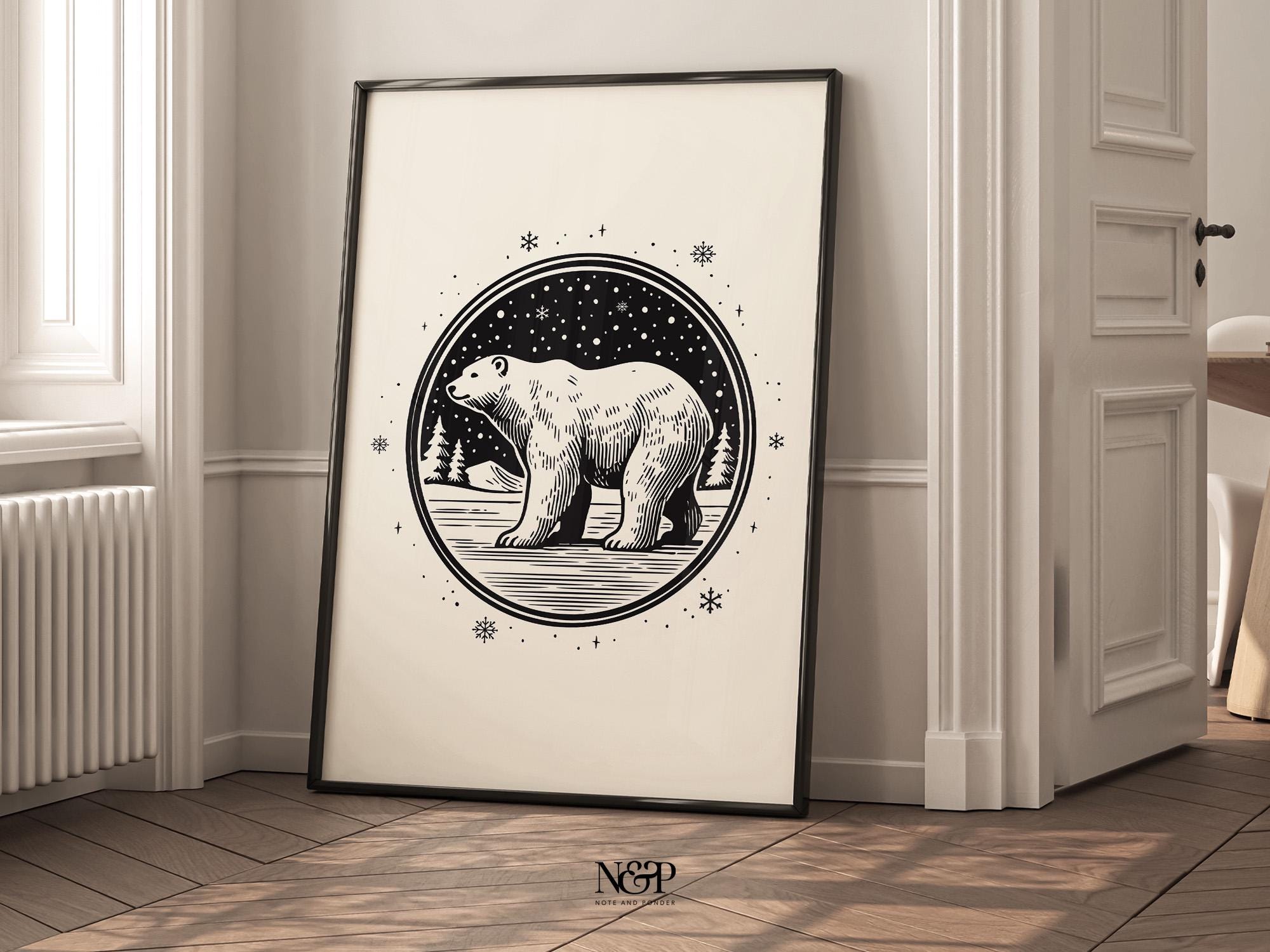 Printable Vintage Polar Bear Wall Art, Winter Wonderland Poster Black ...