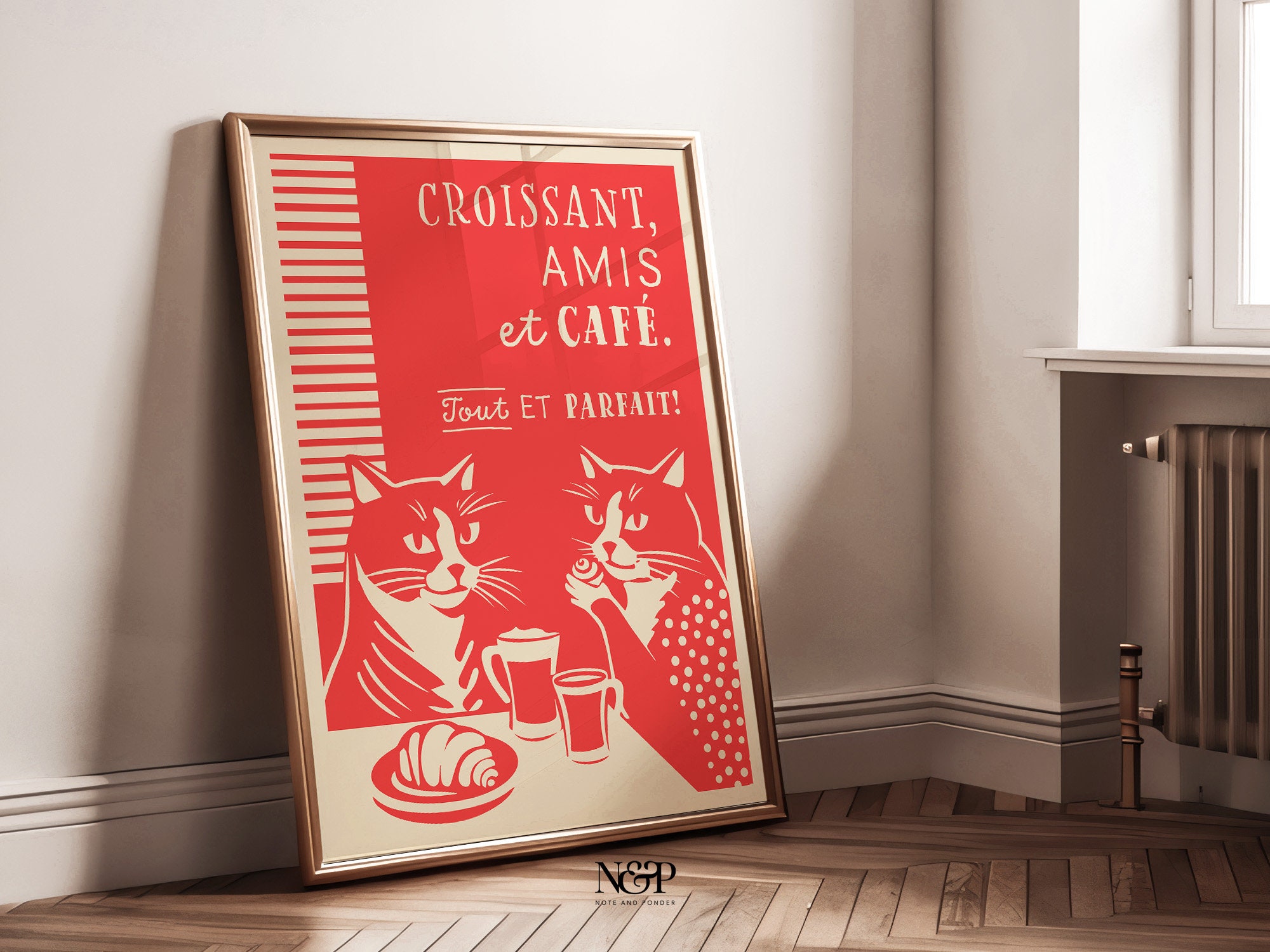 Croissant, Amis Et Cafe Cat Painting Animal Print Coral and White Wall ...