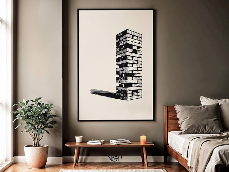 Printable Black and White Vintage Jenga Wall Art, Game Room Decor ...