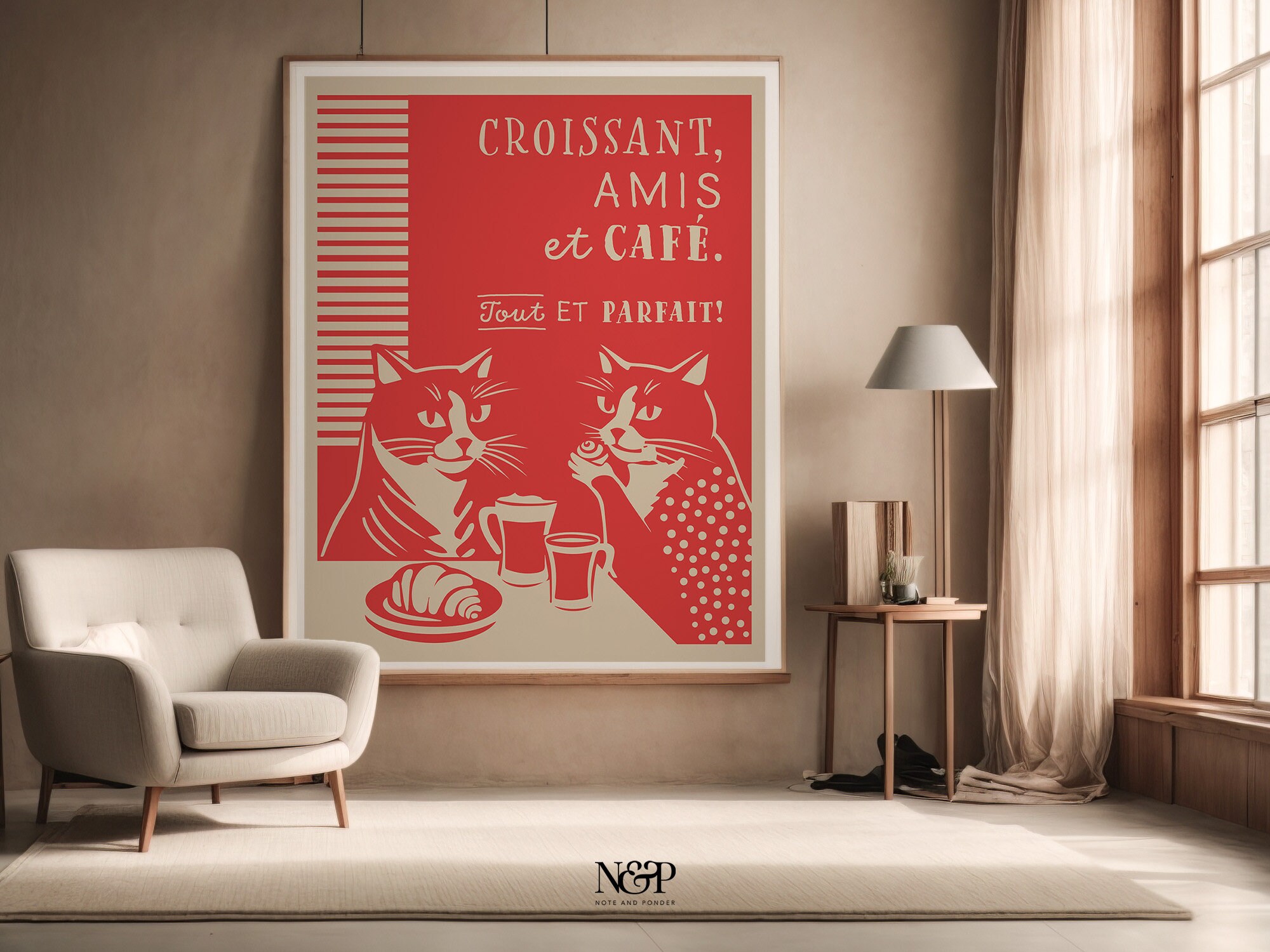 Croissant, Amis Et Cafe Cat Painting Animal Print Coral and White Wall ...