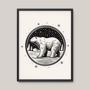 Printable Vintage Polar Bear Wall Art, Winter Wonderland Poster Black ...