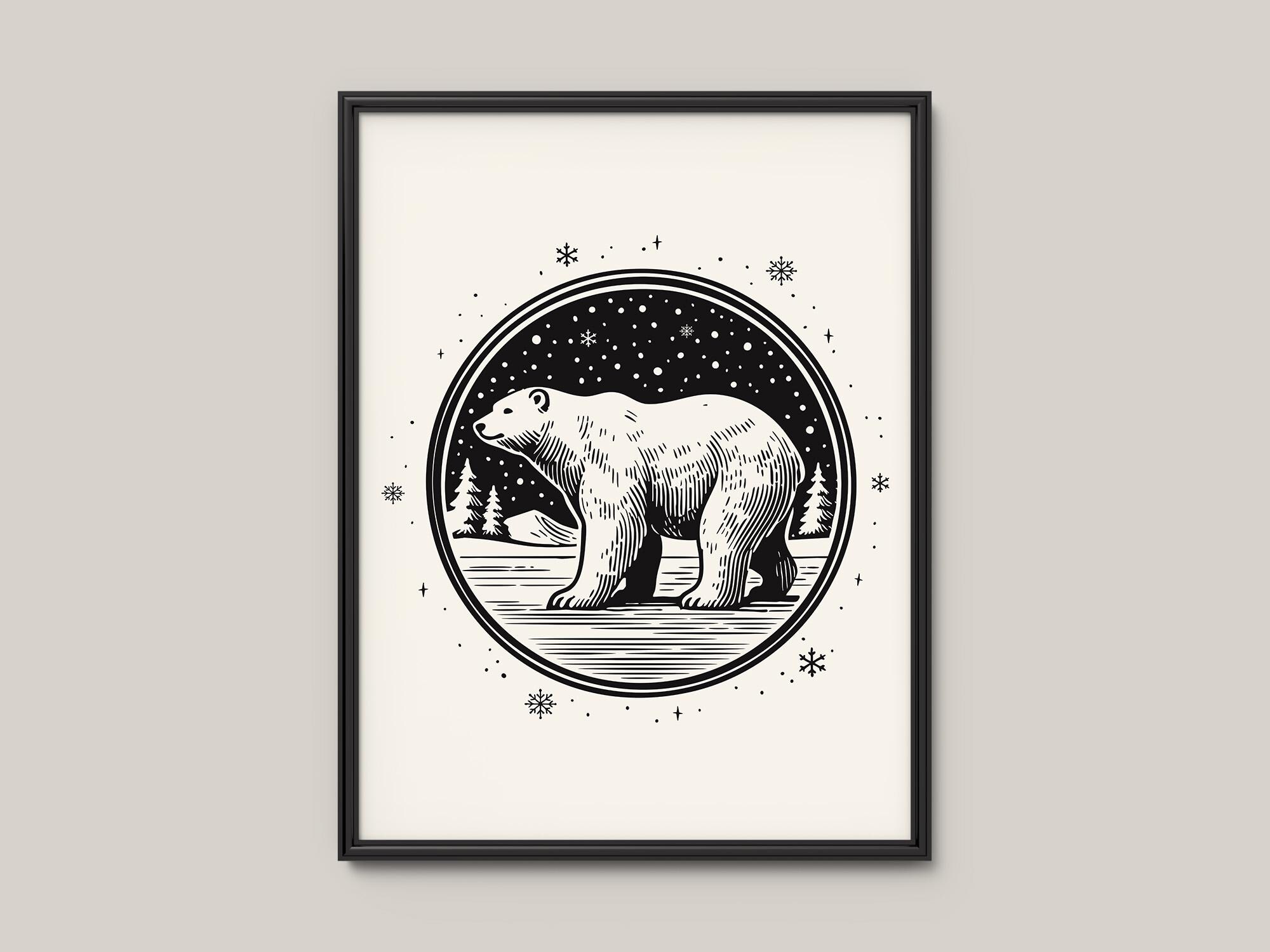 Printable Vintage Polar Bear Wall Art, Winter Wonderland Poster Black ...