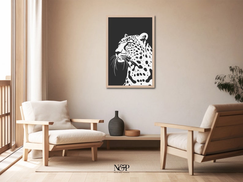 Printable Snow Leopard Art Print, Modern Black and White Jungle Decor ...