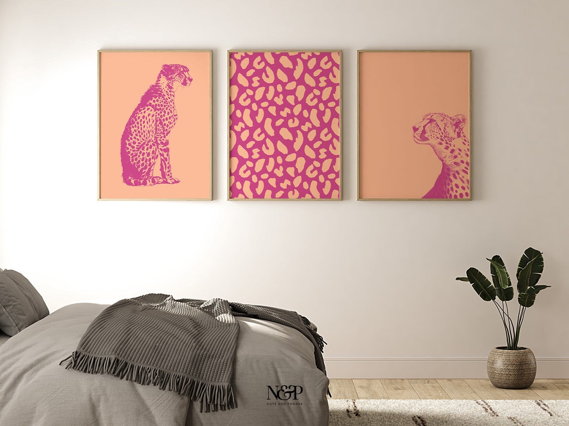 Set of 3 Cheetah Animal Prints Pink and Orange Wall Art Preppy Dorm ...