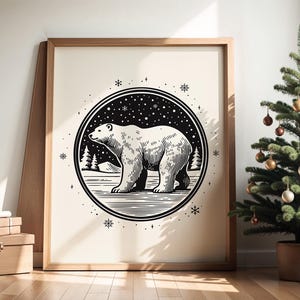 Printable Vintage Polar Bear Wall Art, Winter Wonderland Poster Black ...