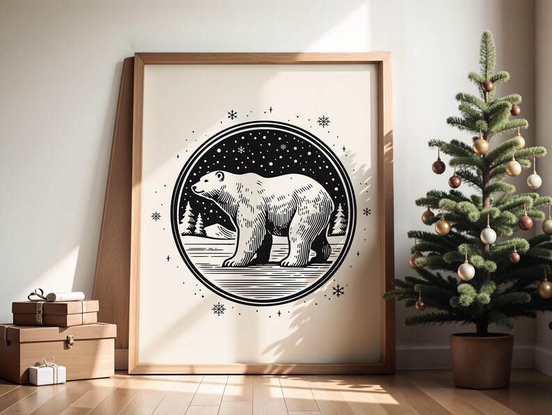 Printable Vintage Polar Bear Wall Art, Winter Wonderland Poster Black ...