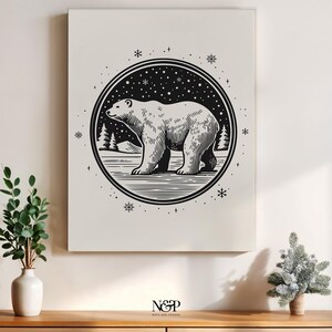 Printable Vintage Polar Bear Wall Art, Winter Wonderland Poster Black ...