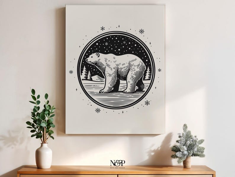 Printable Vintage Polar Bear Wall Art, Winter Wonderland Poster Black ...