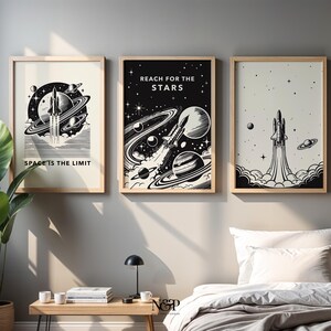 Space Wall Art Gallery Set of 3 Prints Retro Rocket Poster Vintage ...