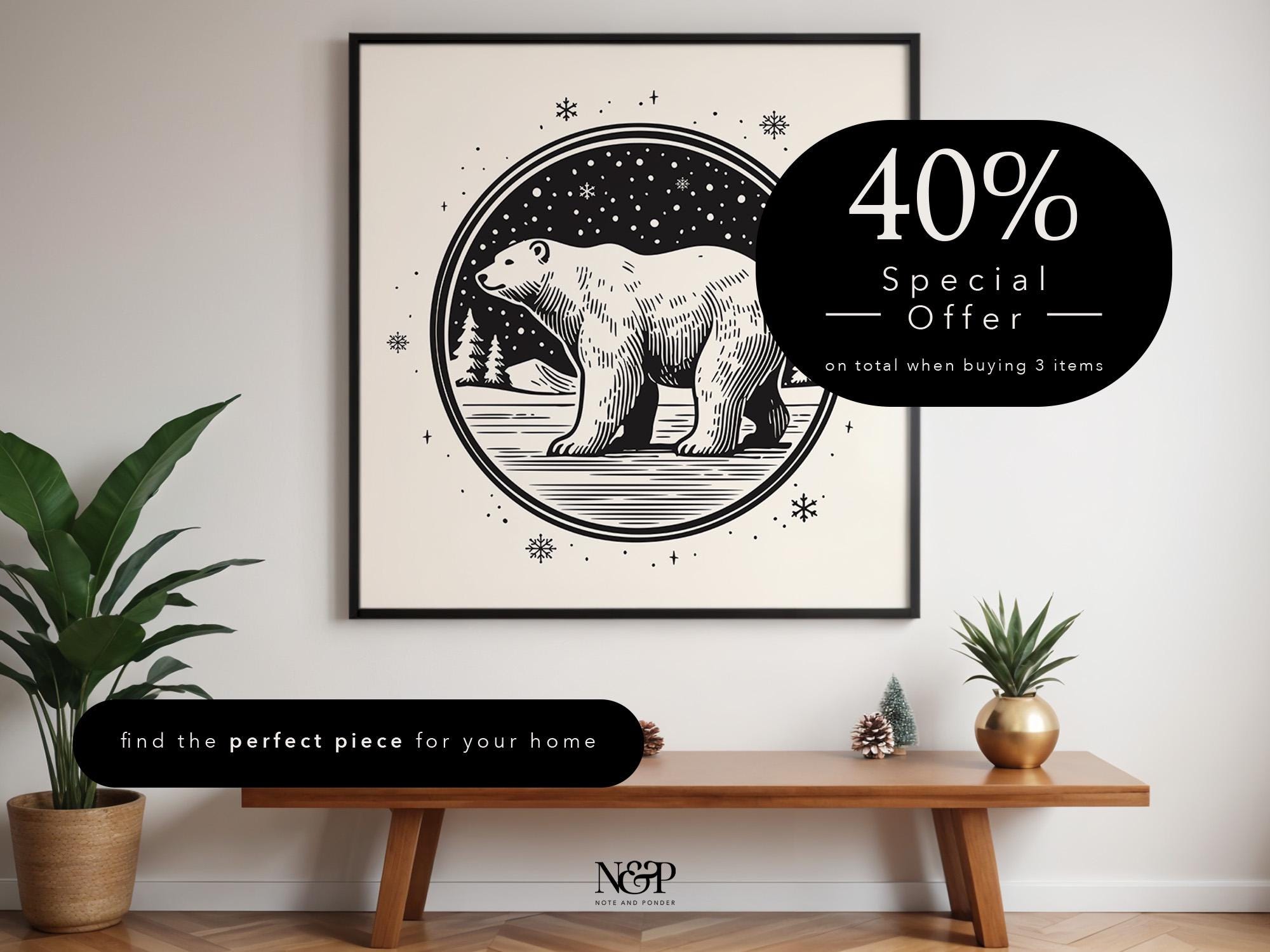 Printable Vintage Polar Bear Wall Art, Winter Wonderland Poster Black ...