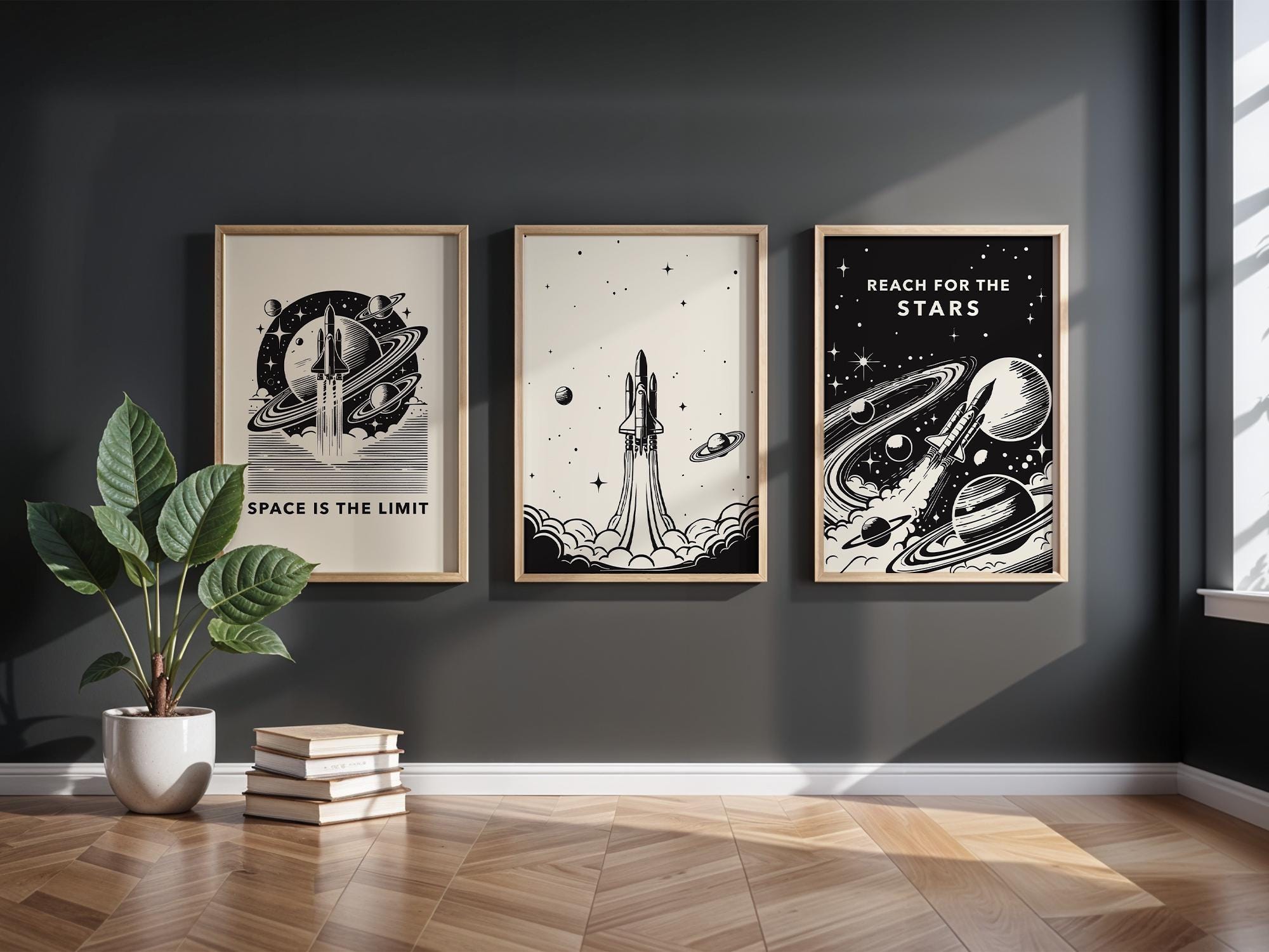 Space Wall Art Gallery Set of 3 Prints Retro Rocket Poster Vintage ...