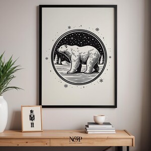 Printable Vintage Polar Bear Wall Art, Winter Wonderland Poster Black ...