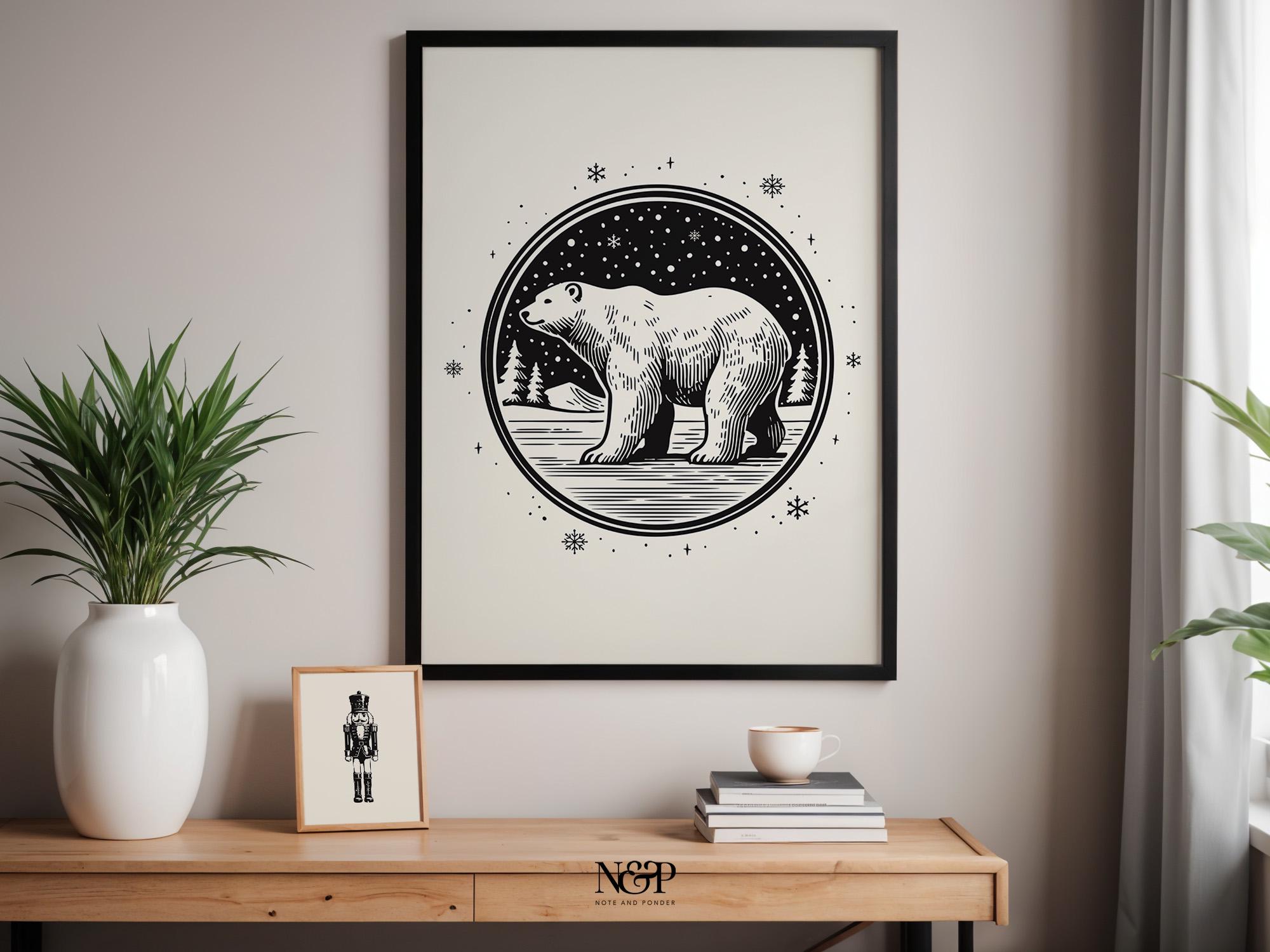 Printable Vintage Polar Bear Wall Art, Winter Wonderland Poster Black ...