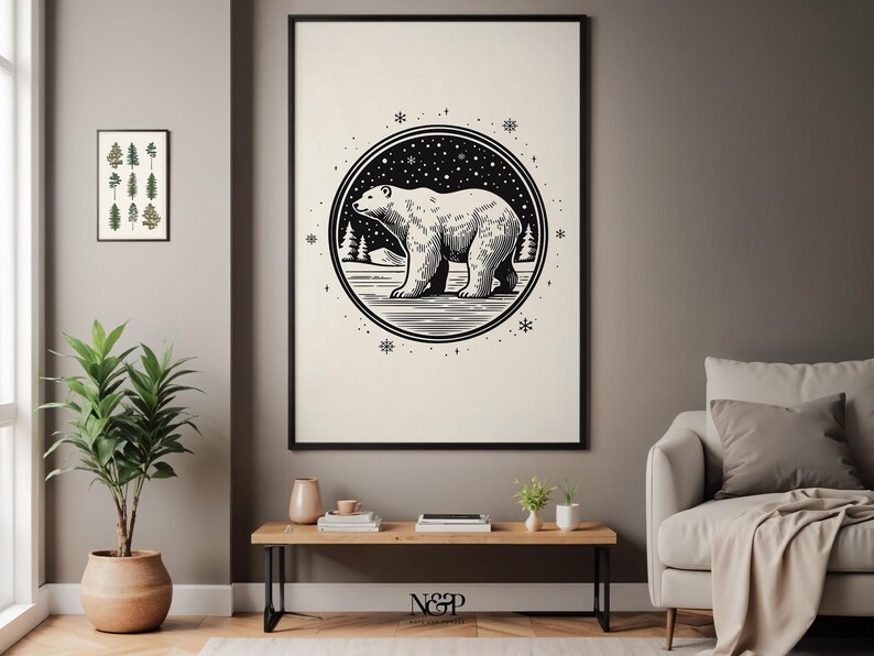 Printable Vintage Polar Bear Wall Art, Winter Wonderland Poster Black ...