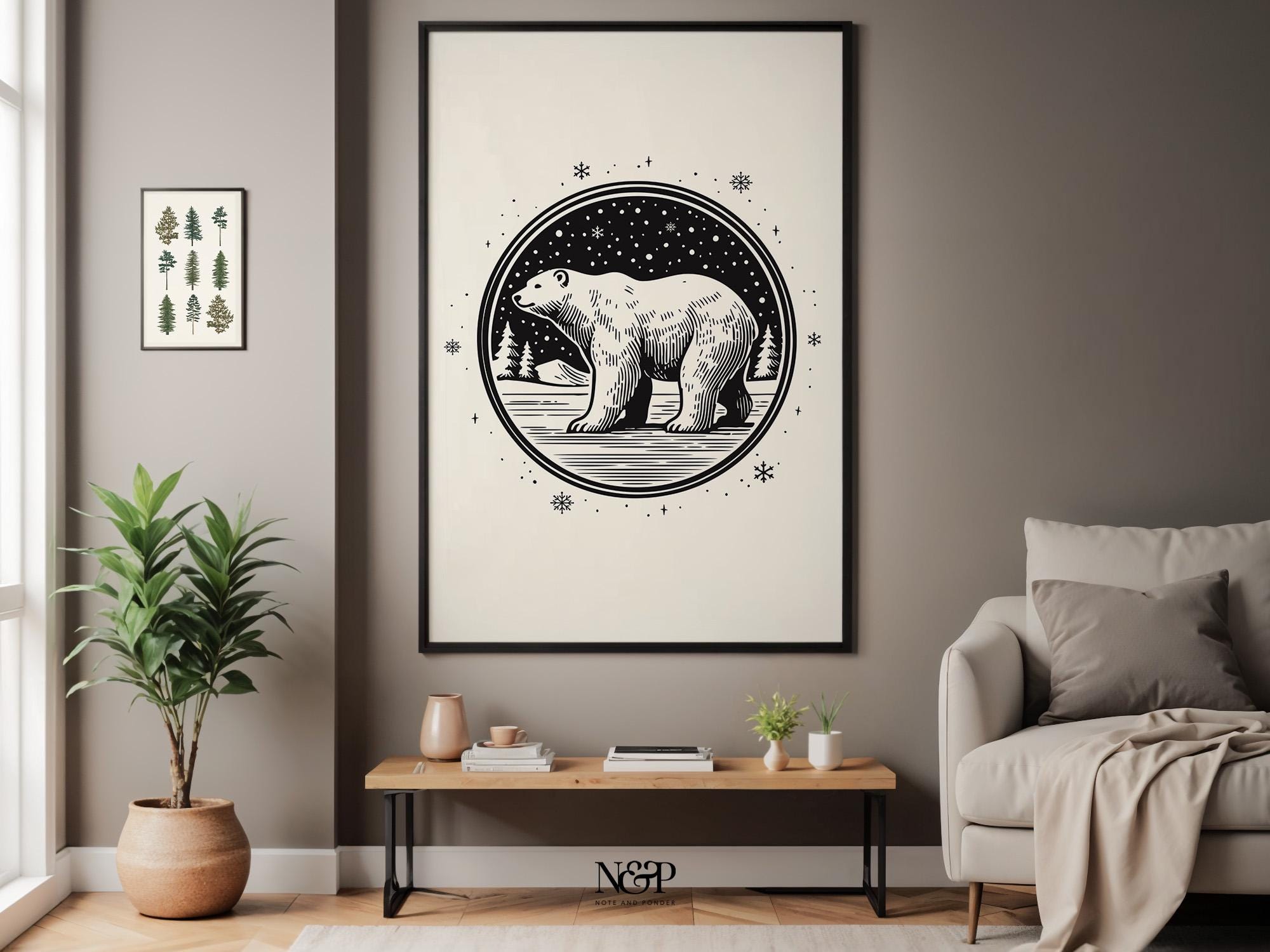 Printable Vintage Polar Bear Wall Art, Winter Wonderland Poster Black ...