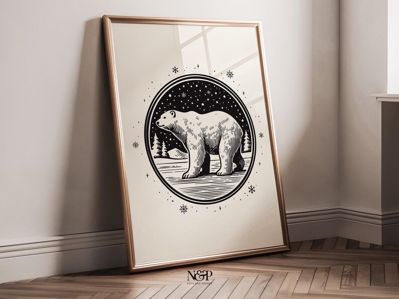 Printable Vintage Polar Bear Wall Art, Winter Wonderland Poster Black ...