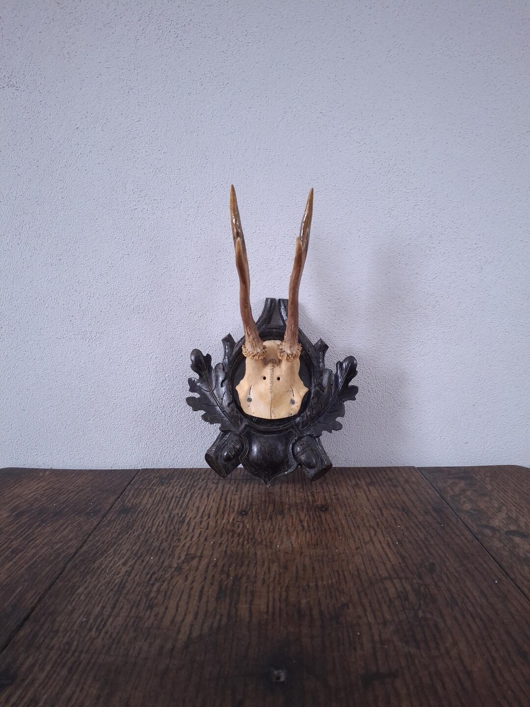 Antique Carved Wooden Hunting Trophy Board With Deer Antlers on a Piece ...