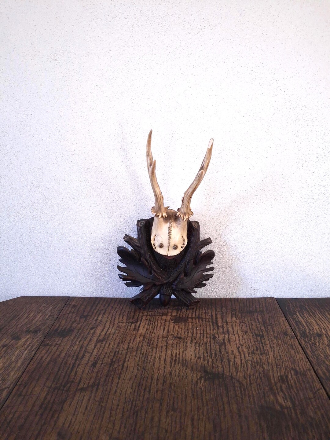 Antique Carved Wooden Hunting Trophy Board With Deer Antlers on a Piece ...