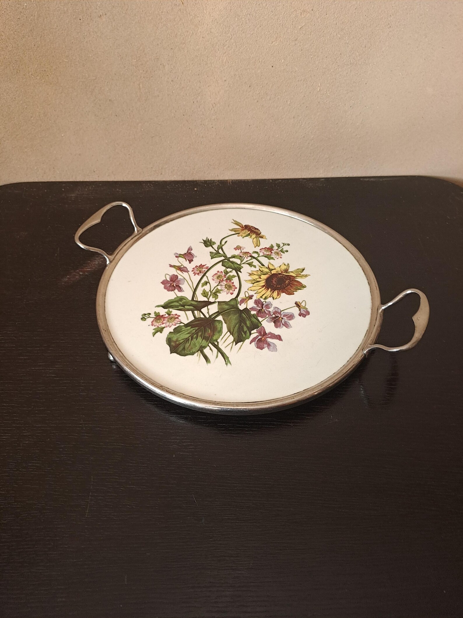 Art Nouveau Chromed Round Tray With Inset Ceramic With Grapes Depiction ...