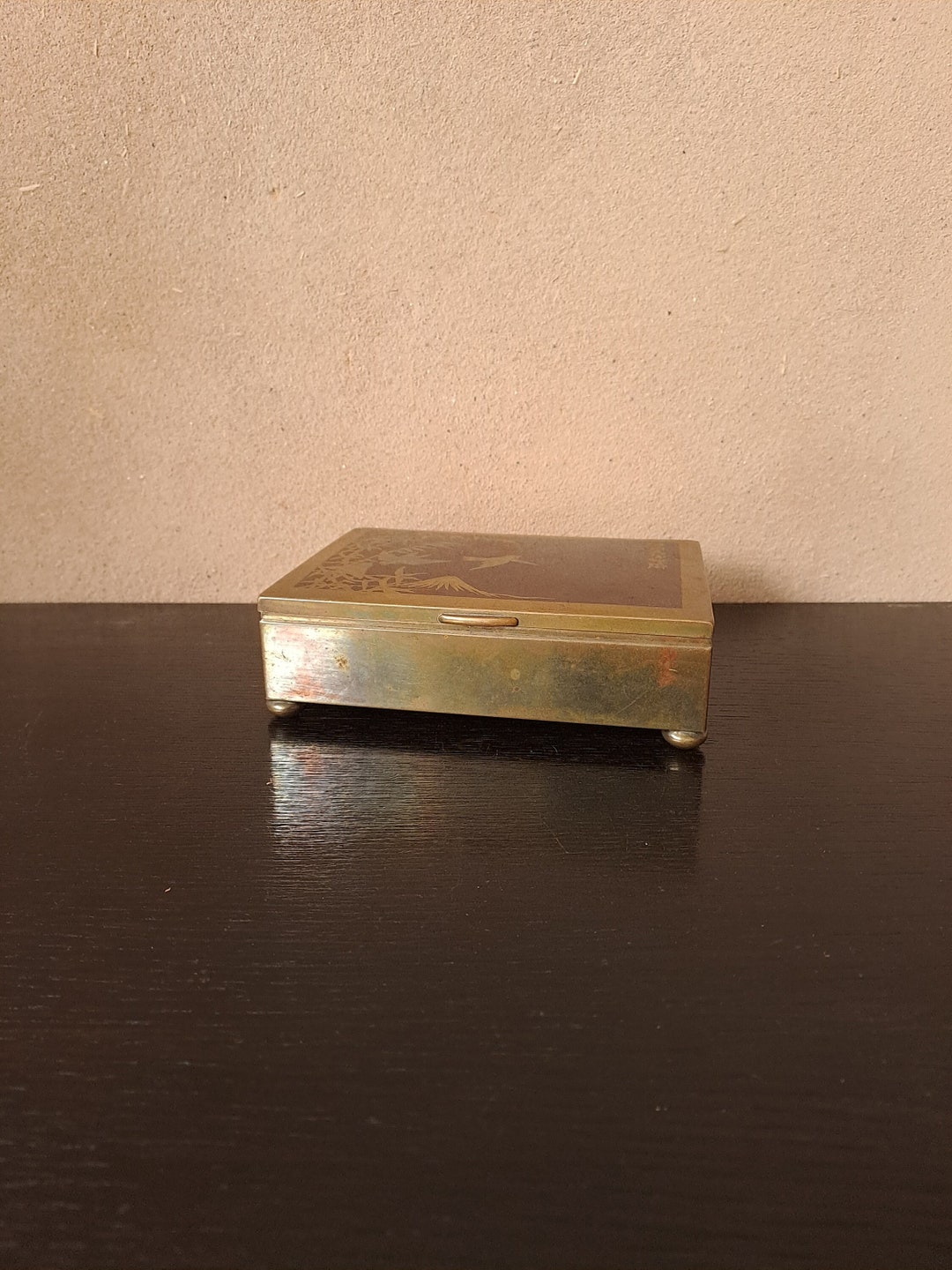 Vintage Brass Cigar Box With Two Compartments and Asian Motif on the ...